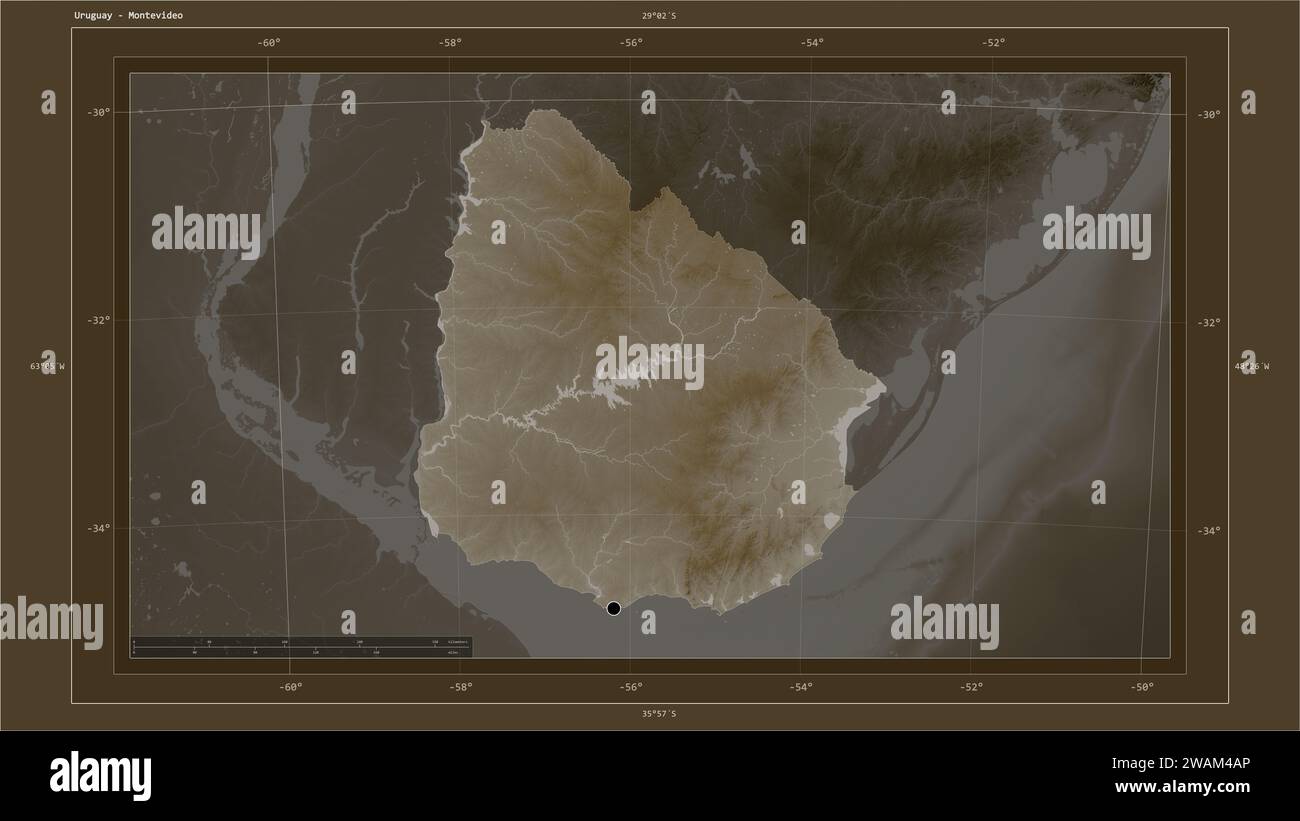 Uruguay highlighted on a elevation map colored in sepia tones with ...