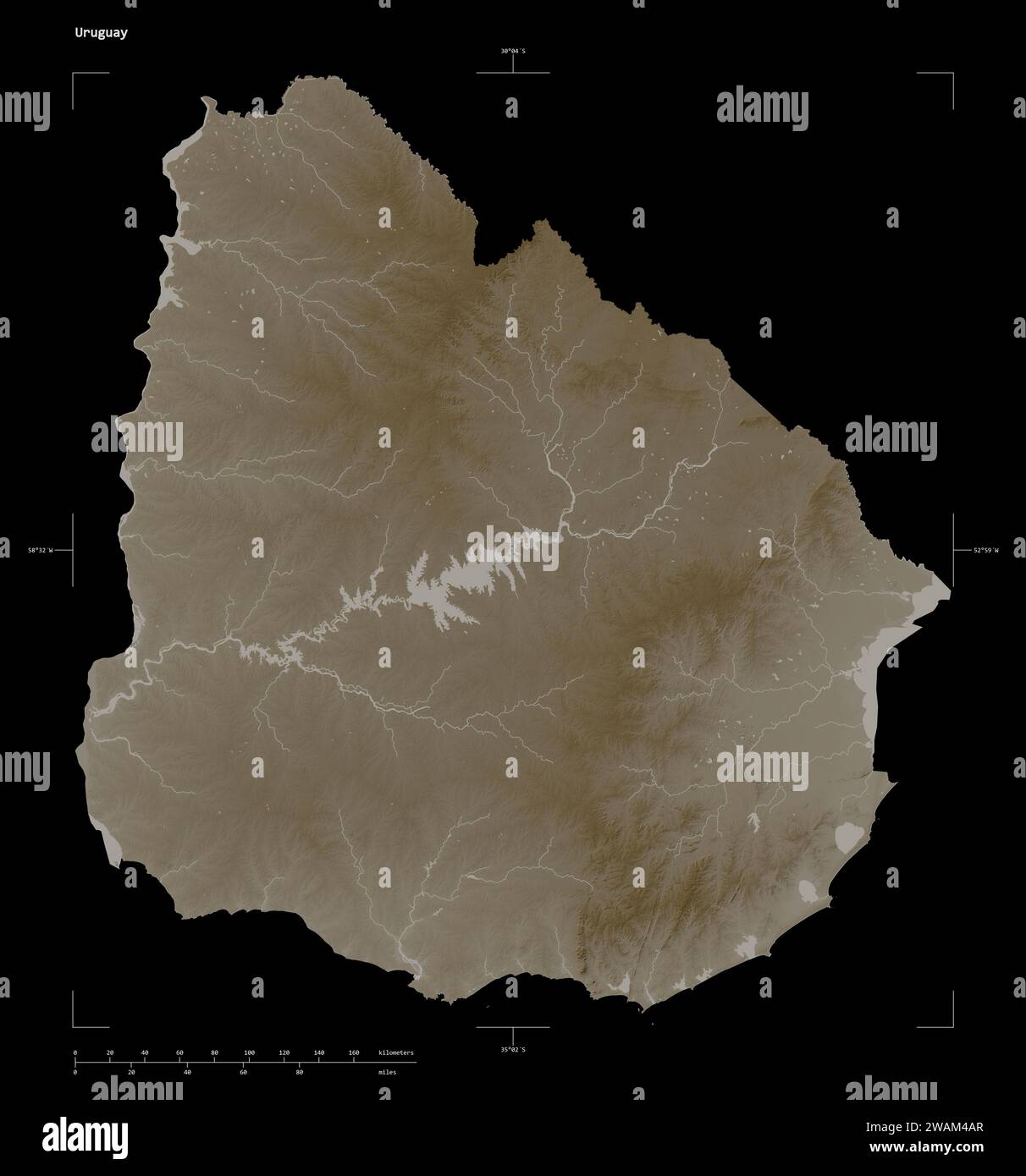 Shape of a elevation map colored in sepia tones with lakes and rivers ...