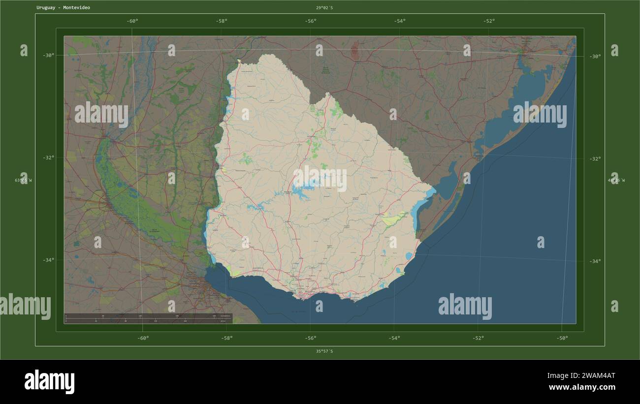 Uruguay highlighted on a topographic, OSM Germany style map map with ...