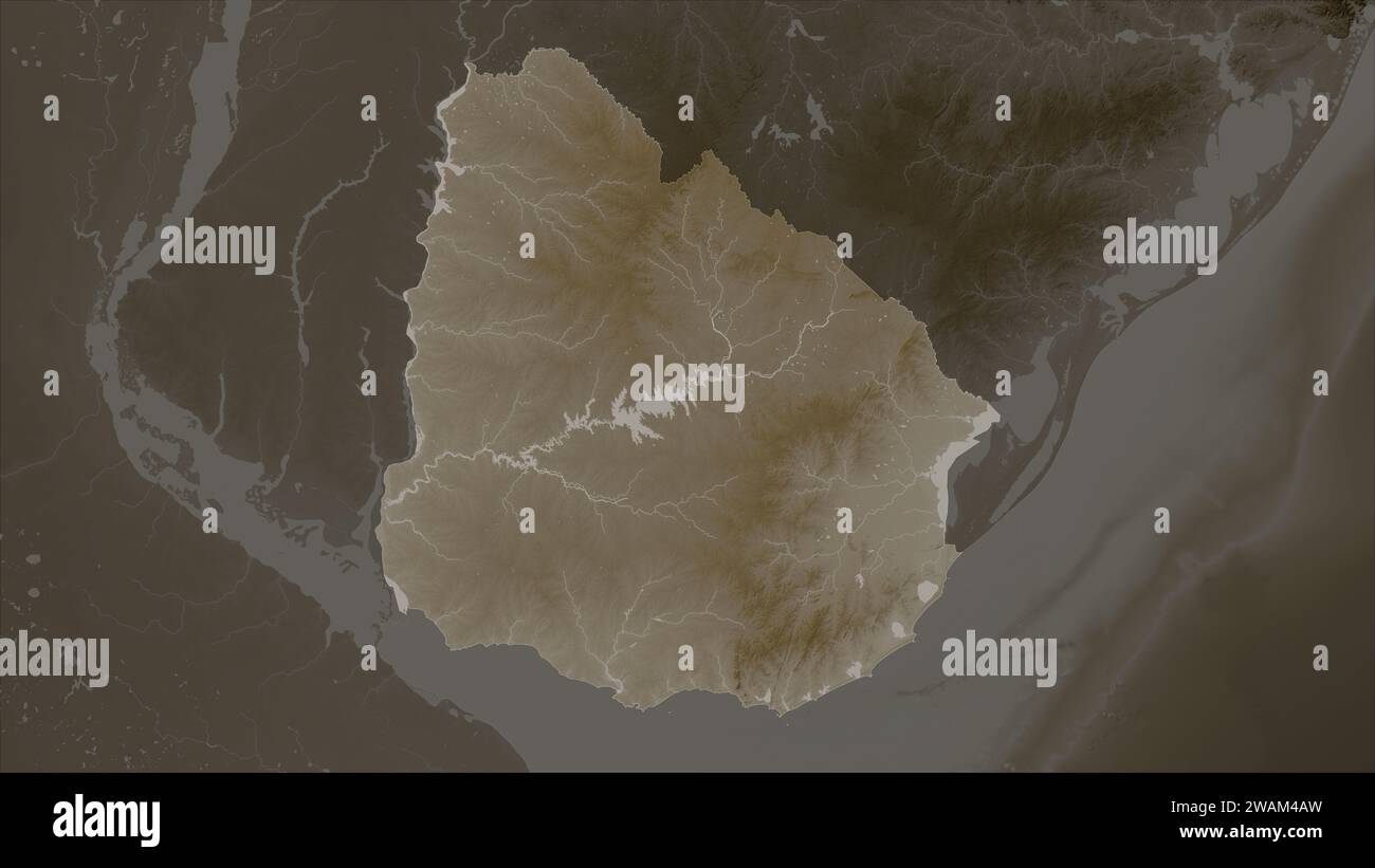 Uruguay highlighted on a elevation map colored in sepia tones with ...