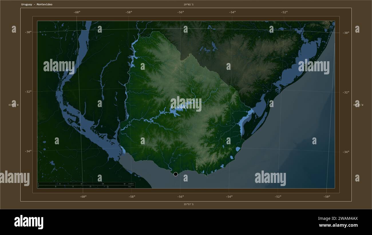 Uruguay highlighted on a Colored elevation map with lakes and rivers ...