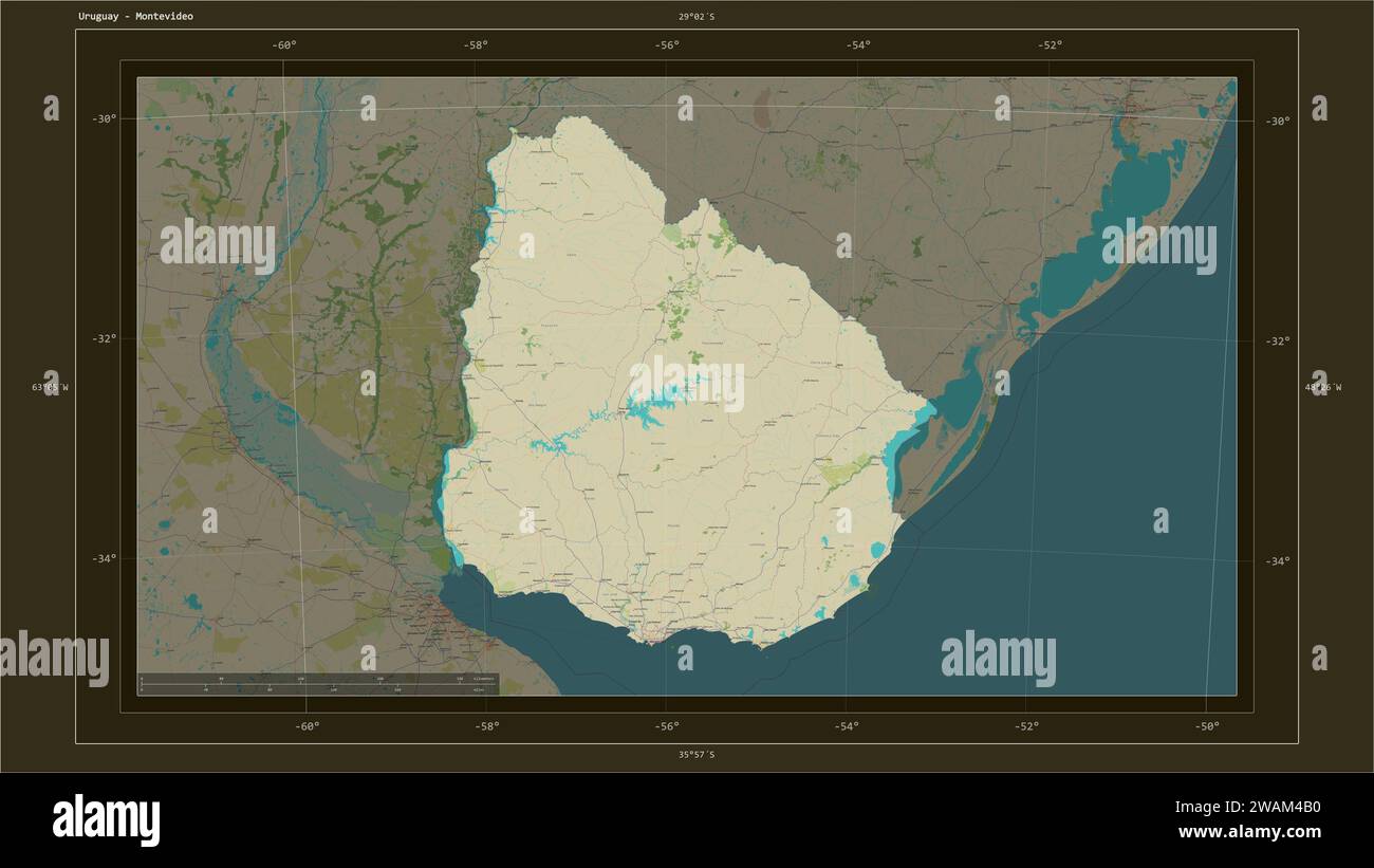 Uruguay highlighted on a topographic, OSM Humanitarian style map map ...