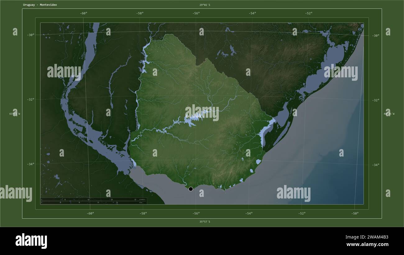 Uruguay highlighted on a Pale colored elevation map with lakes and ...