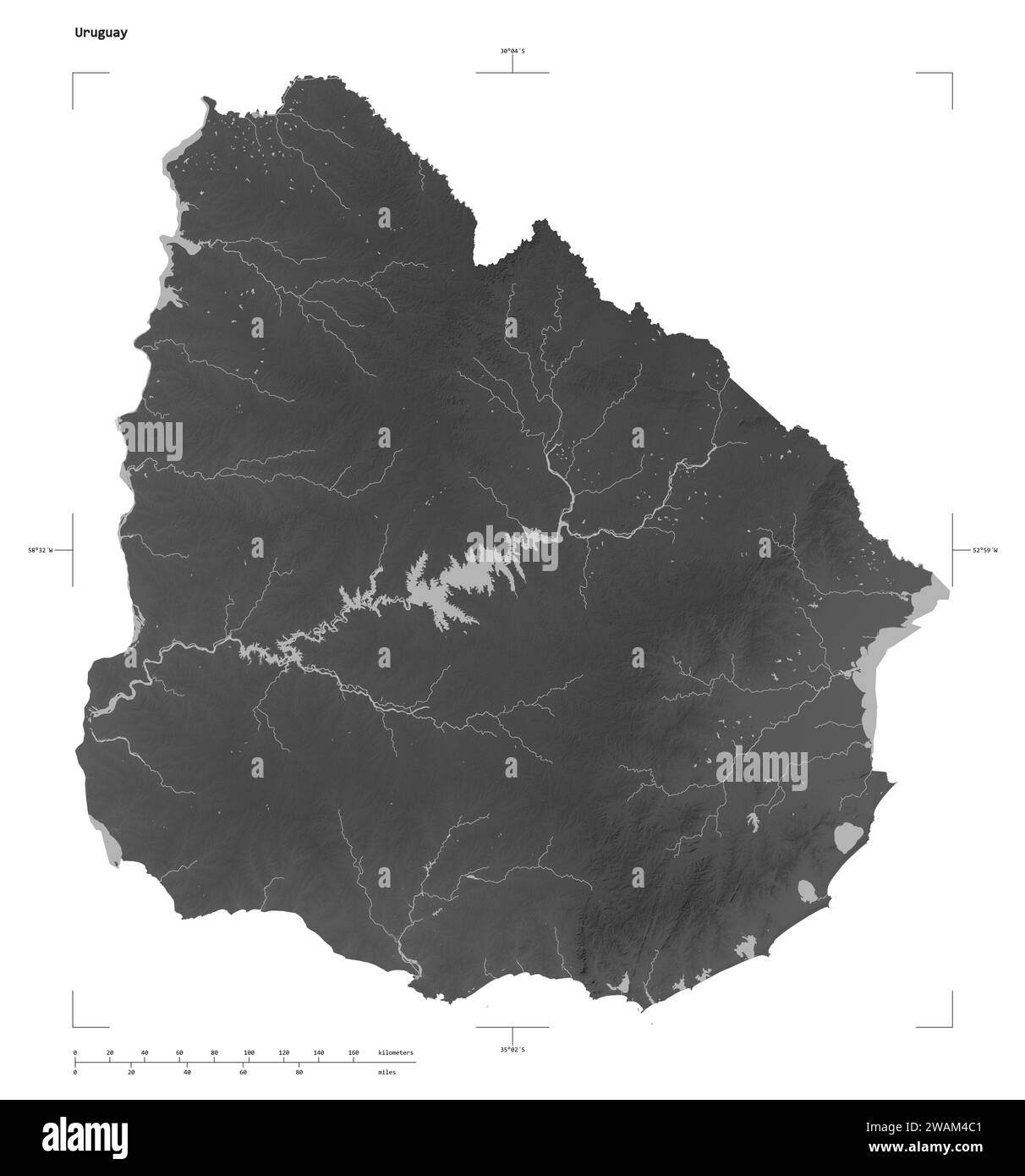 Shape of a Grayscale elevation map with lakes and rivers of the Uruguay, with distance scale and ...
