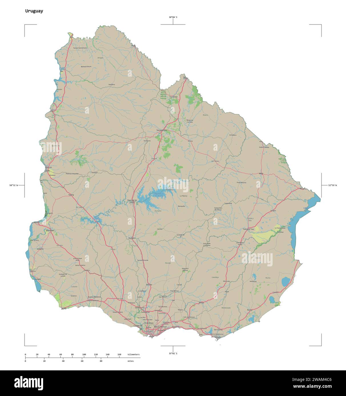 Shape of a topographic, OSM Germany style map of the Uruguay, with ...