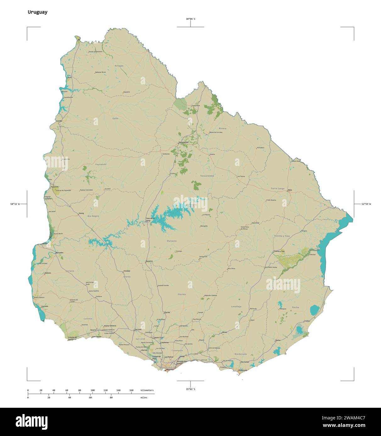 Shape of a topographic, OSM Humanitarian style map of the Uruguay, with ...