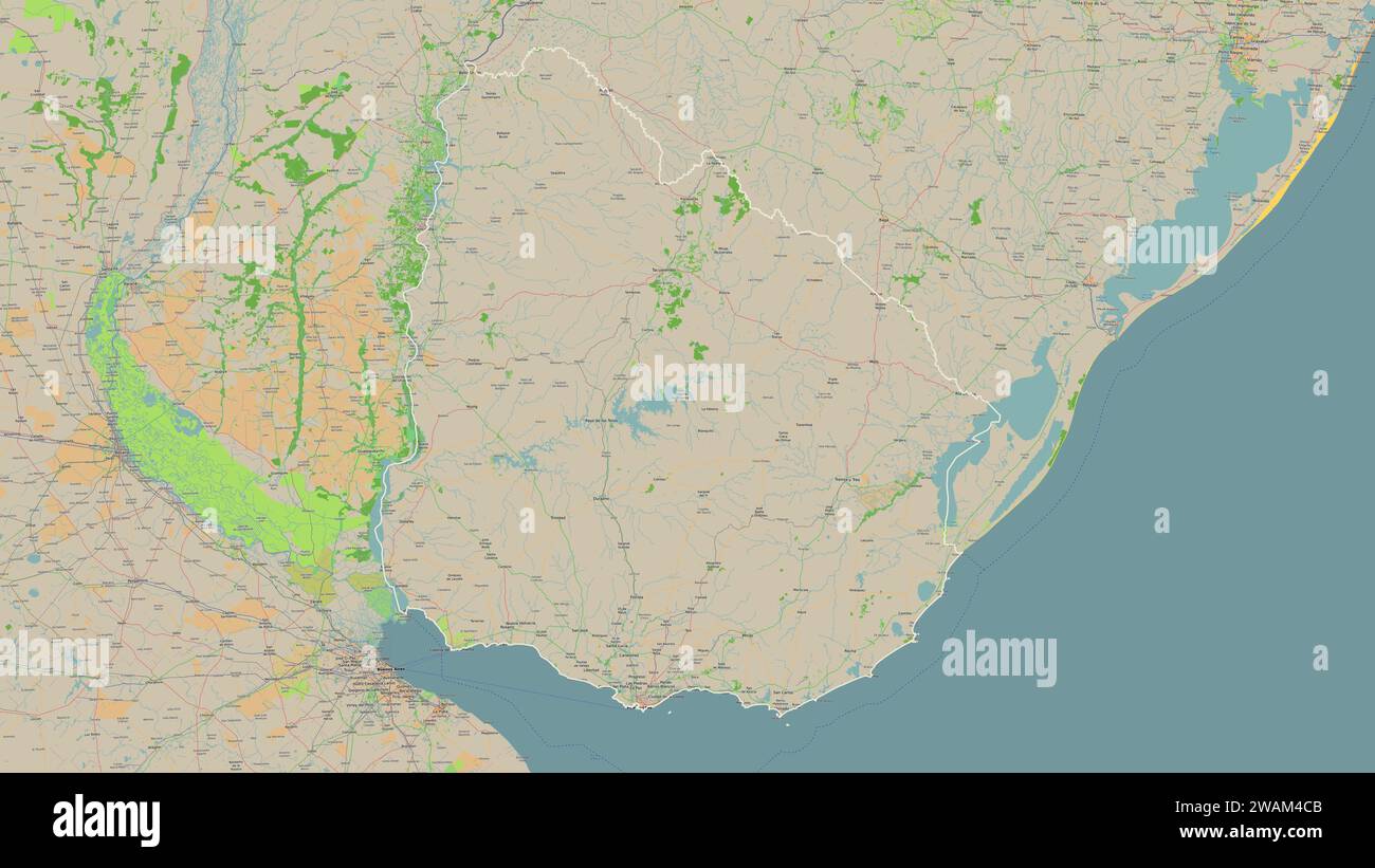 Uruguay outlined on a topographic, OSM France style map Stock Photo - Alamy