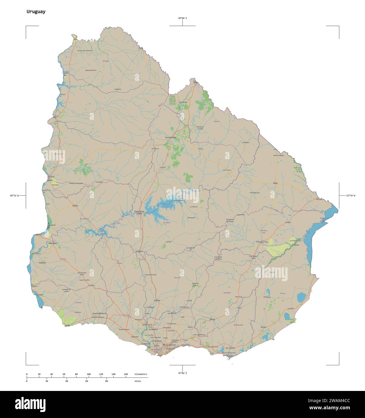 Shape of a topographic, OSM standard style map of the Uruguay, with ...
