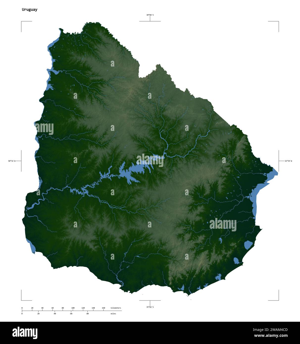 Shape of a Colored elevation map with lakes and rivers of the Uruguay ...