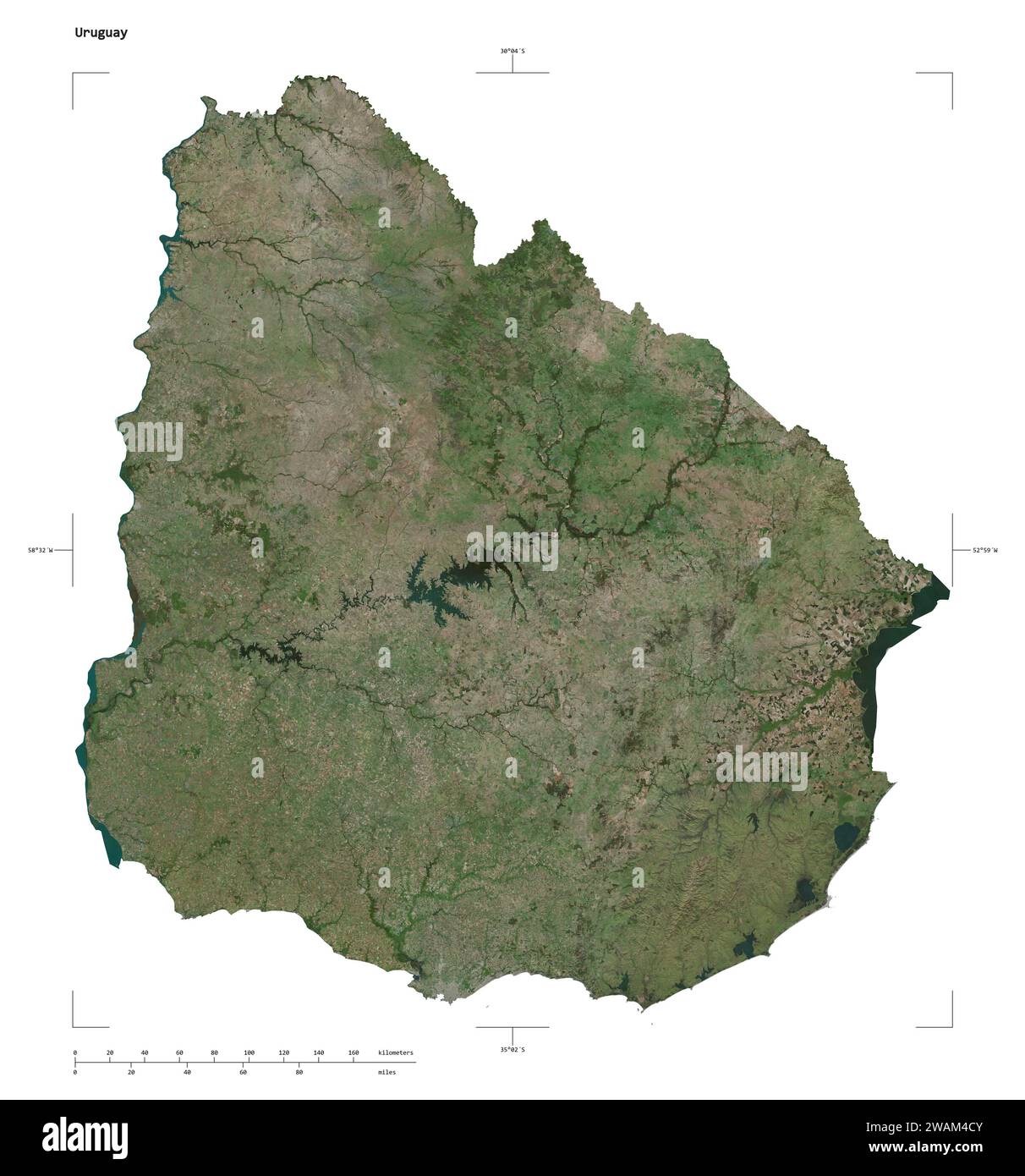 Shape of a high resolution satellite map of the Uruguay, with distance ...