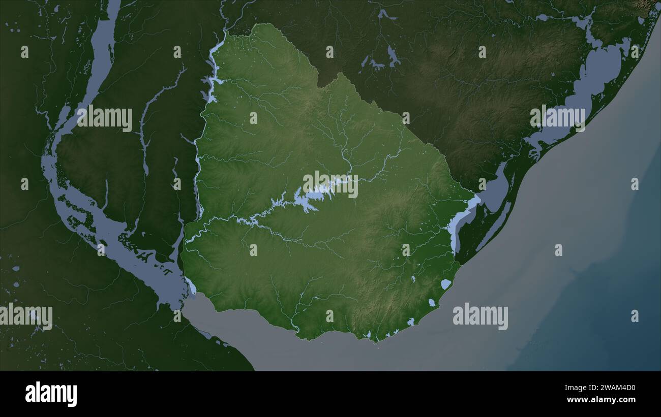 Uruguay highlighted on a Pale colored elevation map with lakes and ...