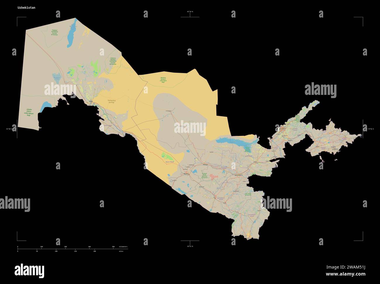 Shape of a topographic, OSM standard style map of the Uzbekistan, with ...