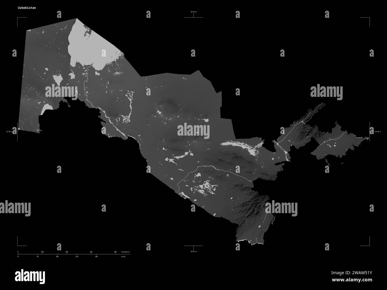 Shape of a Grayscale elevation map with lakes and rivers of the ...