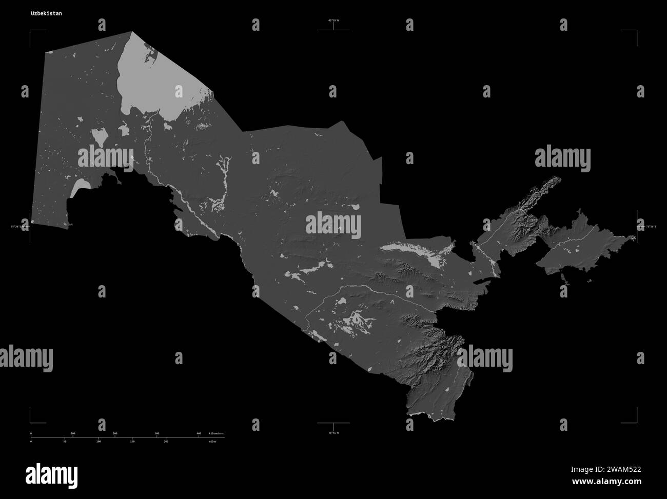 Shape of a Bilevel elevation map with lakes and rivers of the Uzbekistan, with distance scale ...