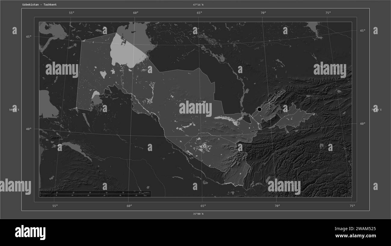 Uzbekistan highlighted on a Bilevel elevation map with lakes and rivers ...
