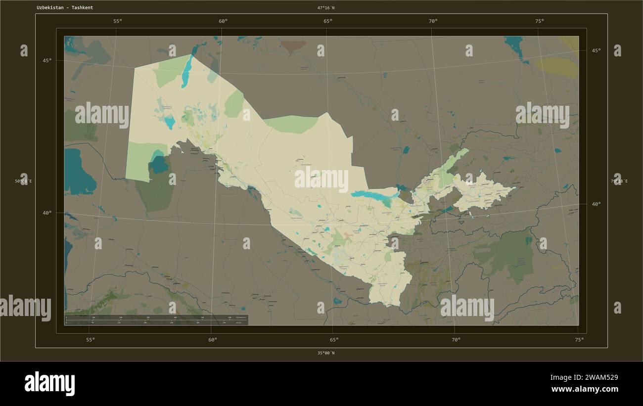 Uzbekistan highlighted on a topographic, OSM Humanitarian style map map ...