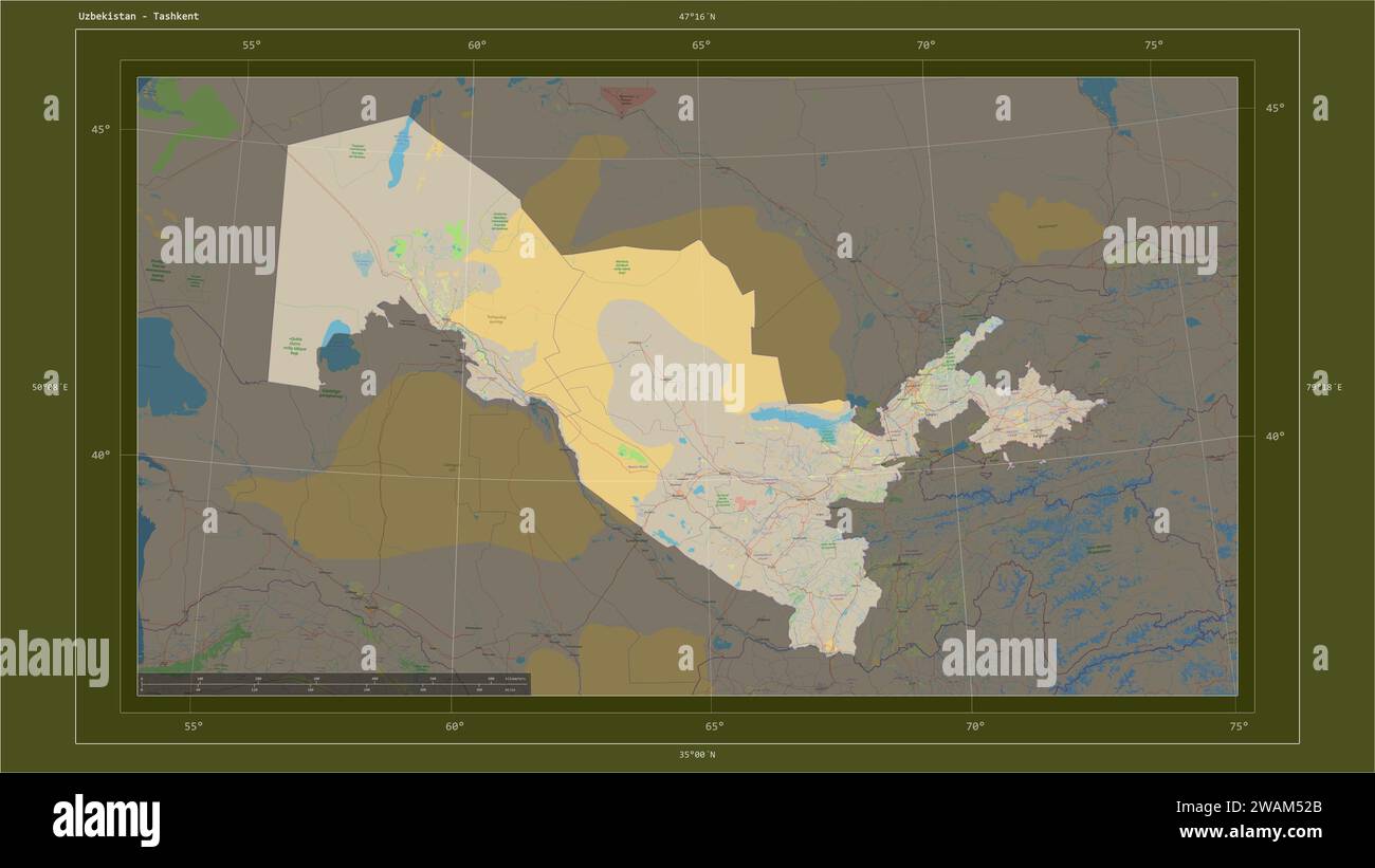 Uzbekistan highlighted on a topographic, OSM standard style map map ...