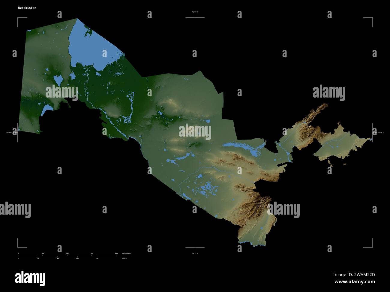 Shape of a Colored elevation map with lakes and rivers of the ...