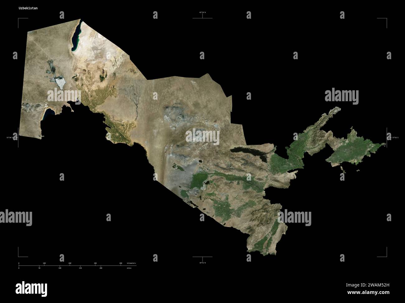 Shape of a high resolution satellite map of the Uzbekistan, with distance scale and map border ...