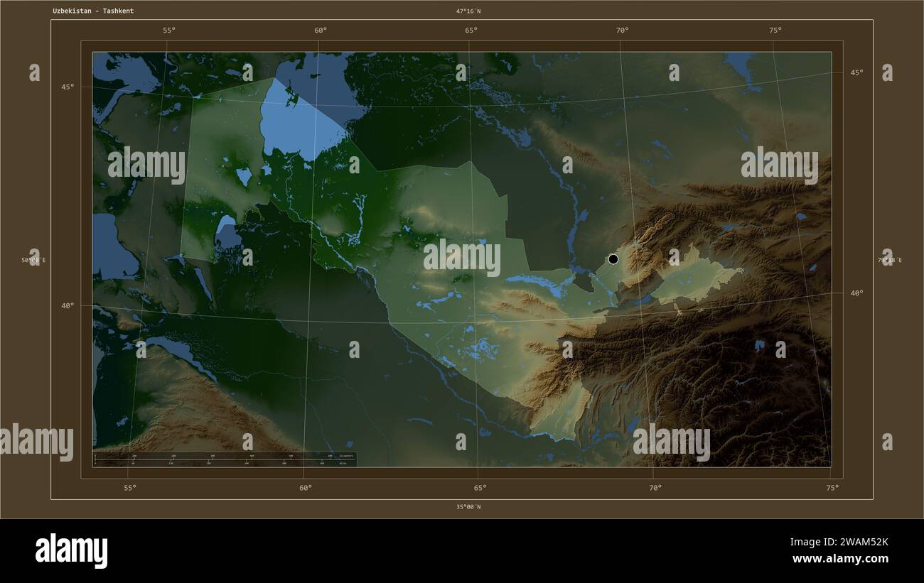 Uzbekistan highlighted on a Colored elevation map with lakes and rivers ...
