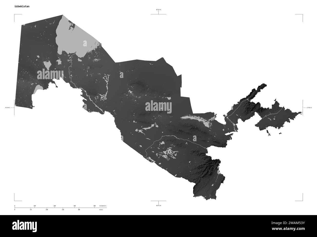 Shape of a Grayscale elevation map with lakes and rivers of the ...
