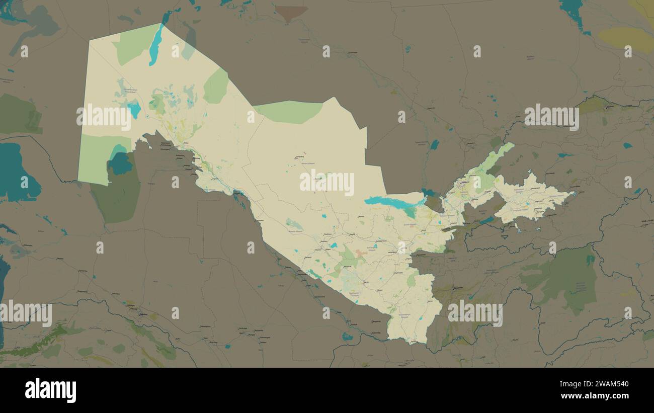 Uzbekistan highlighted on a topographic, OSM Humanitarian style map ...