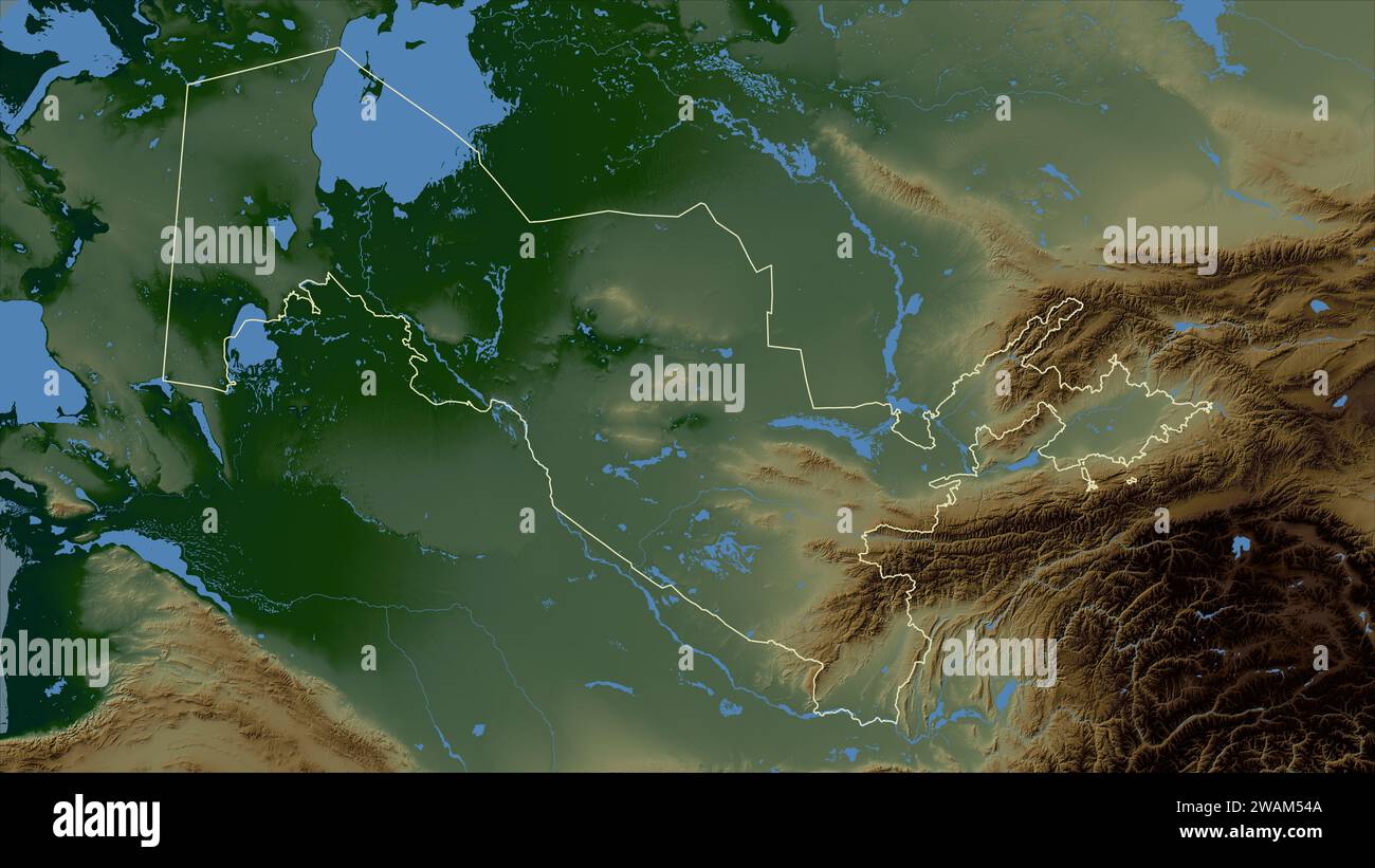 Uzbekistan outlined on a Colored elevation map with lakes and rivers ...