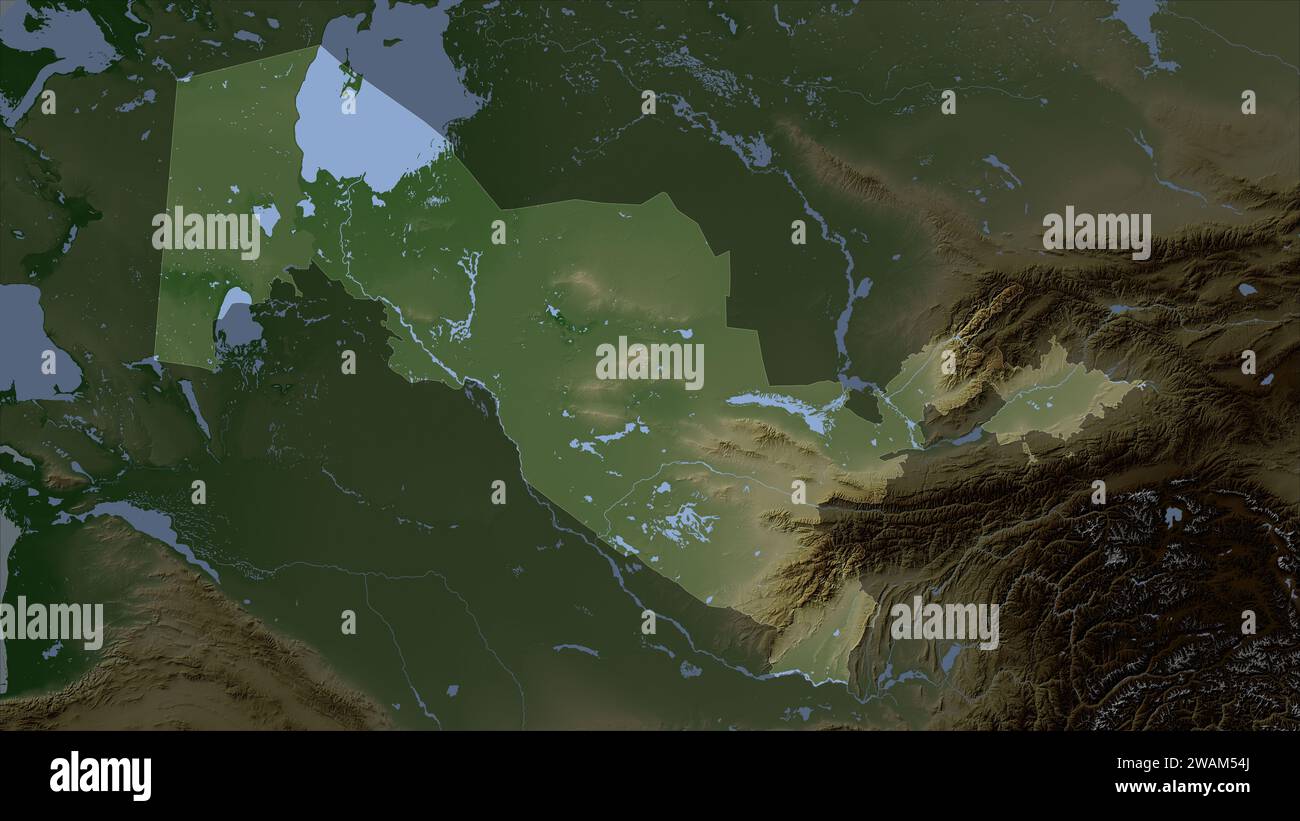 Uzbekistan highlighted on a Pale colored elevation map with lakes and ...