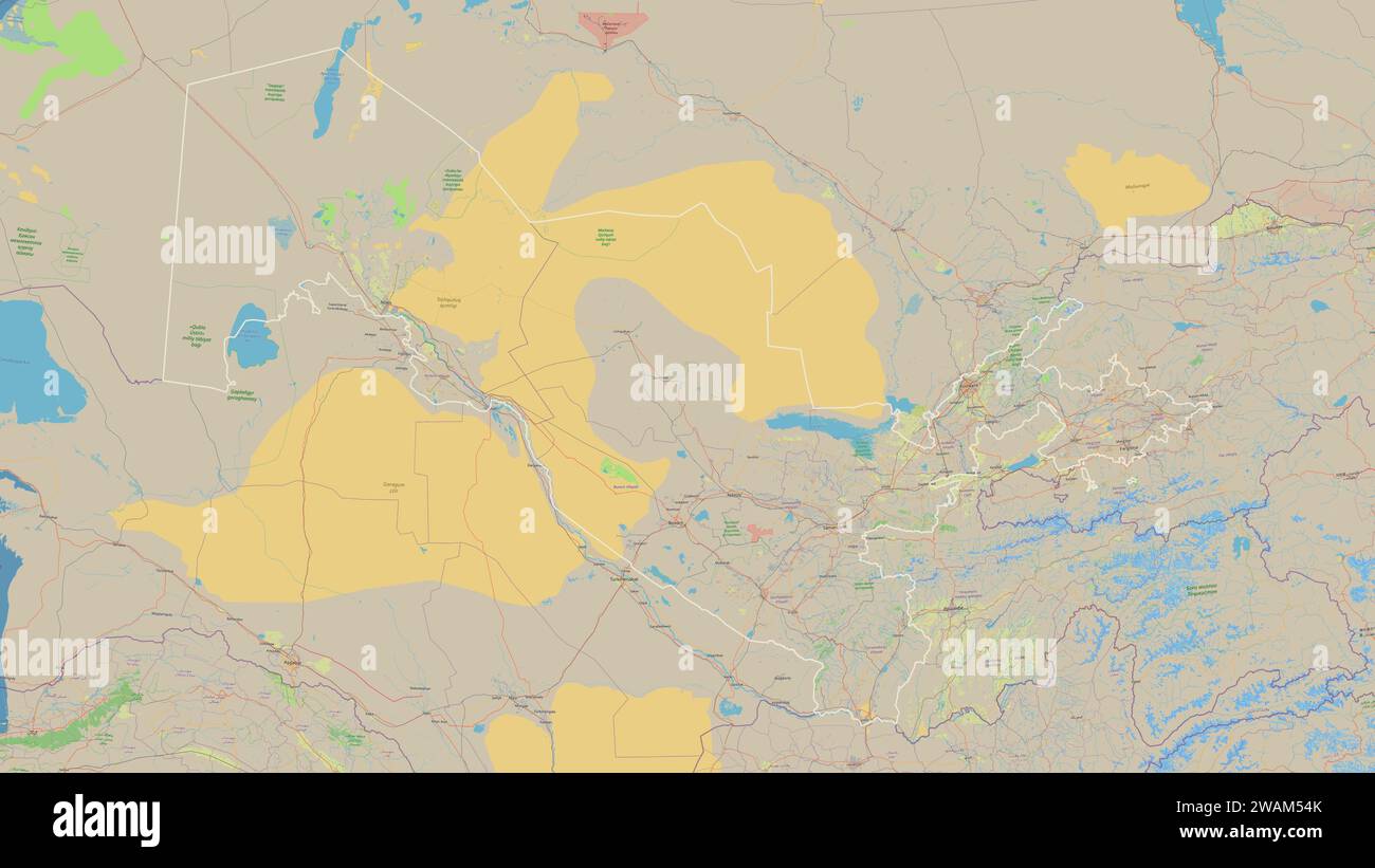 Uzbekistan outlined on a topographic, OSM standard style map Stock ...