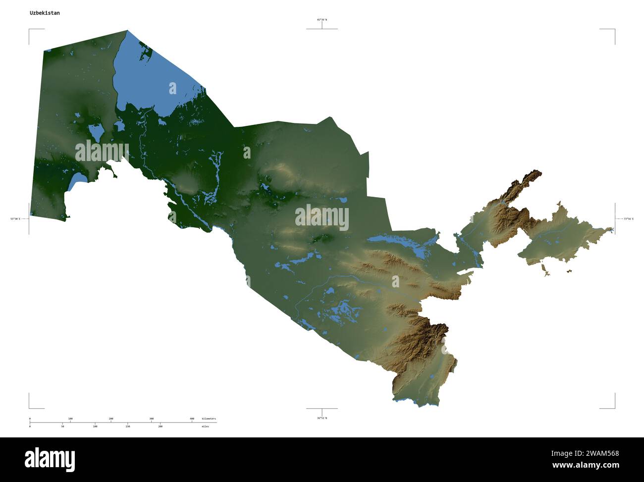 Shape of a Colored elevation map with lakes and rivers of the ...