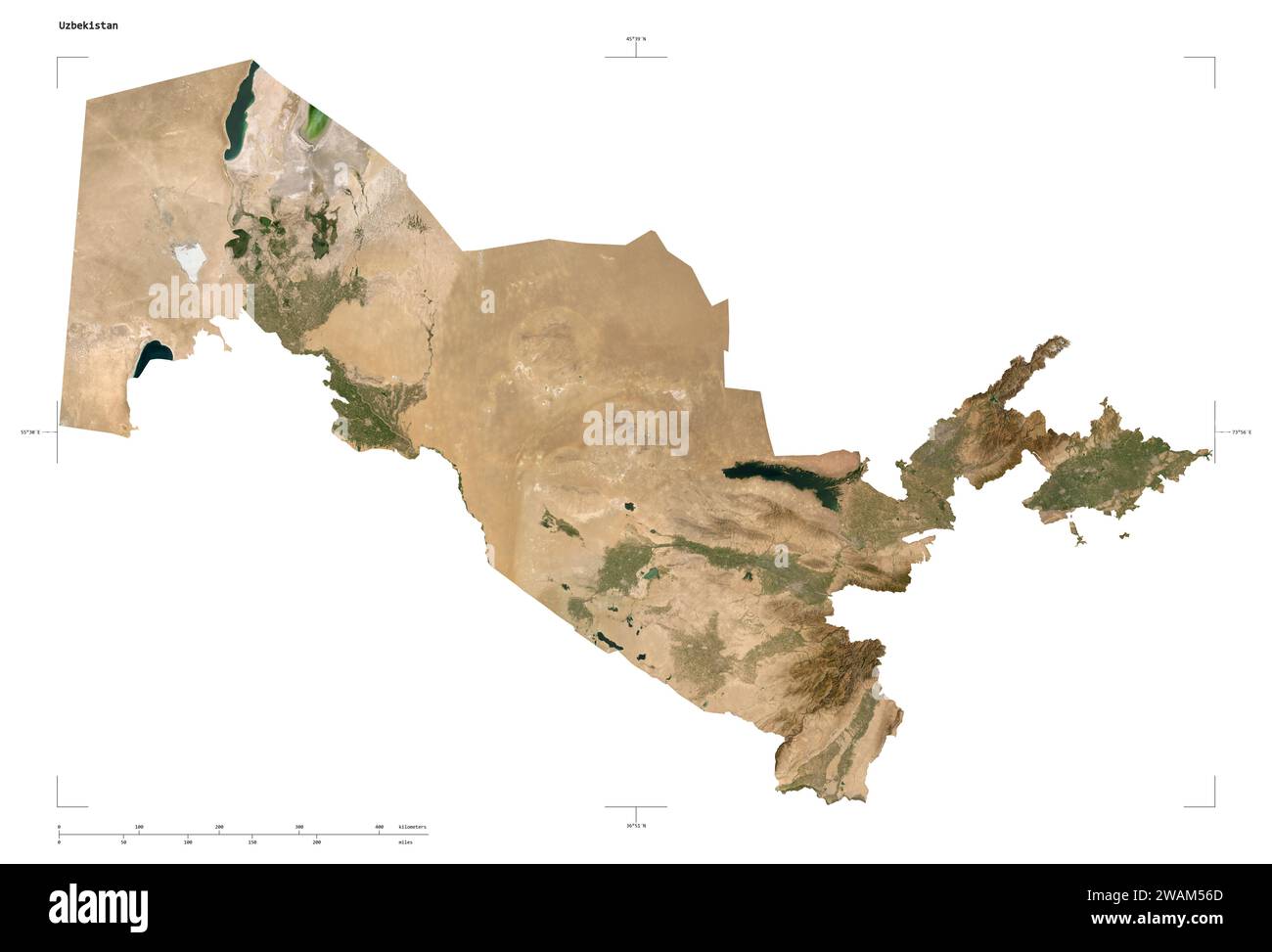 Shape of a low resolution satellite map of the Uzbekistan, with distance scale and map border ...
