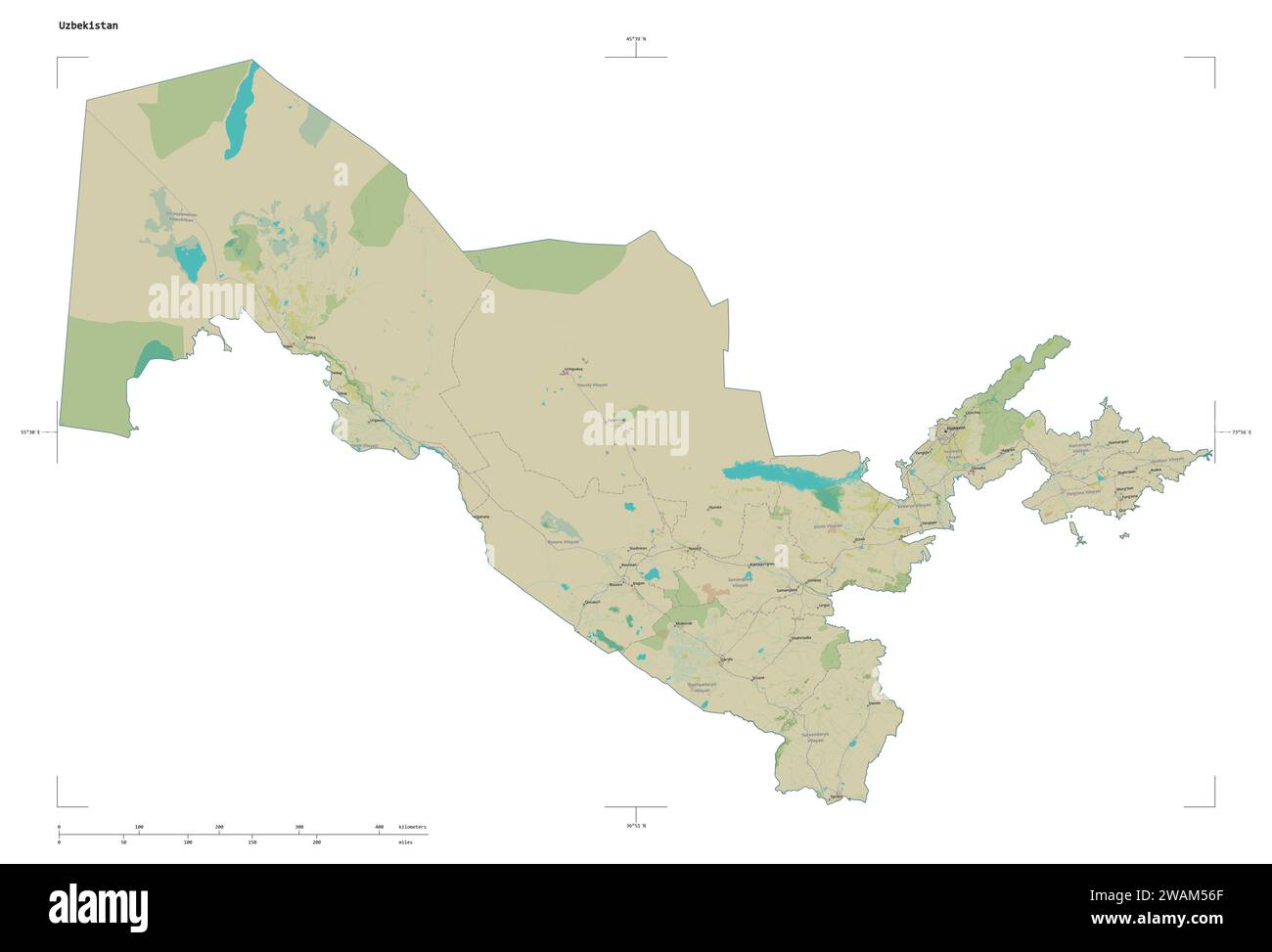 Shape of a topographic, OSM Humanitarian style map of the Uzbekistan ...