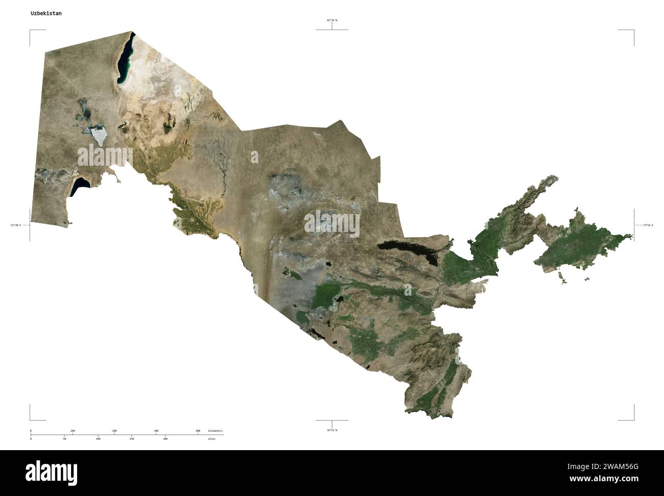 Shape of a high resolution satellite map of the Uzbekistan, with distance scale and map border ...