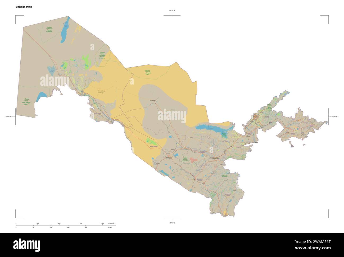 Shape of a topographic, OSM standard style map of the Uzbekistan, with distance scale and map ...