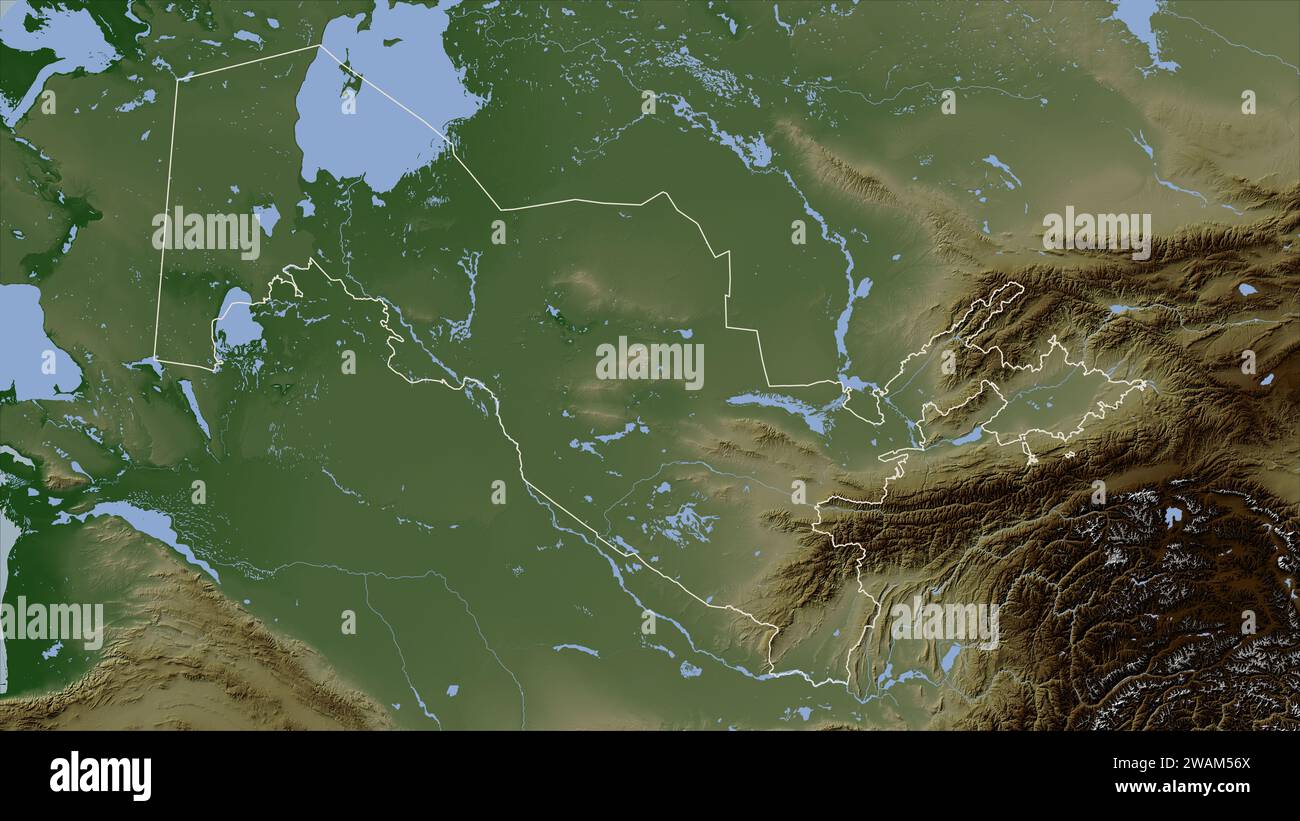 Uzbekistan outlined on a Pale colored elevation map with lakes and ...