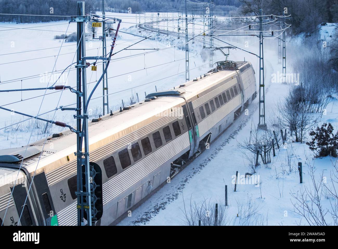 Seasonal weather, a X2000 train from SJ, just south Mjölby, Sweden ...