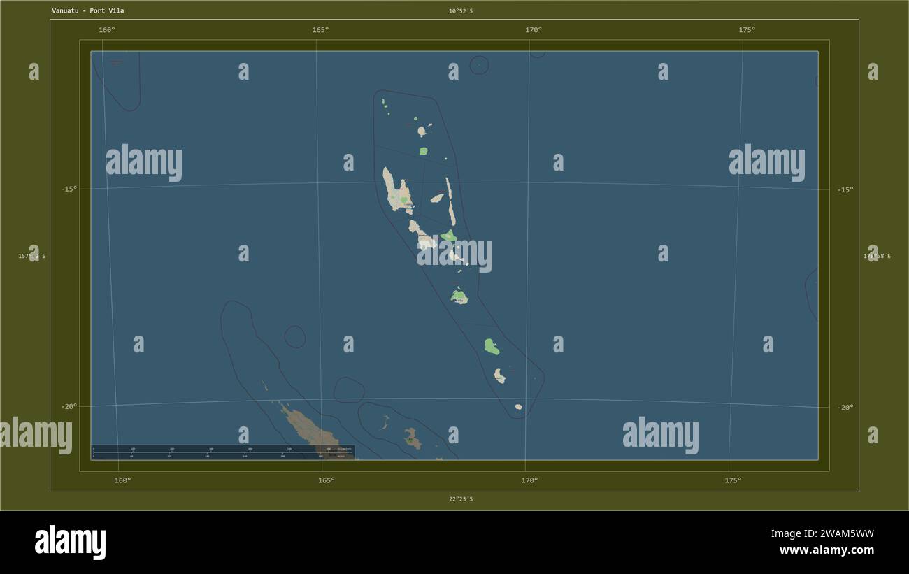 Vanuatu highlighted on a topographic, OSM standard style map map with ...