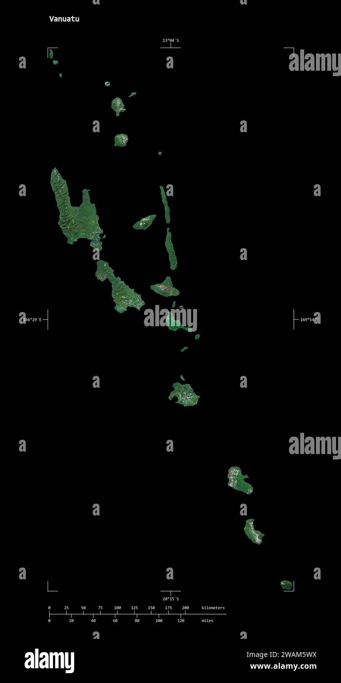 Shape of a high resolution satellite map of the Vanuatu, with distance ...