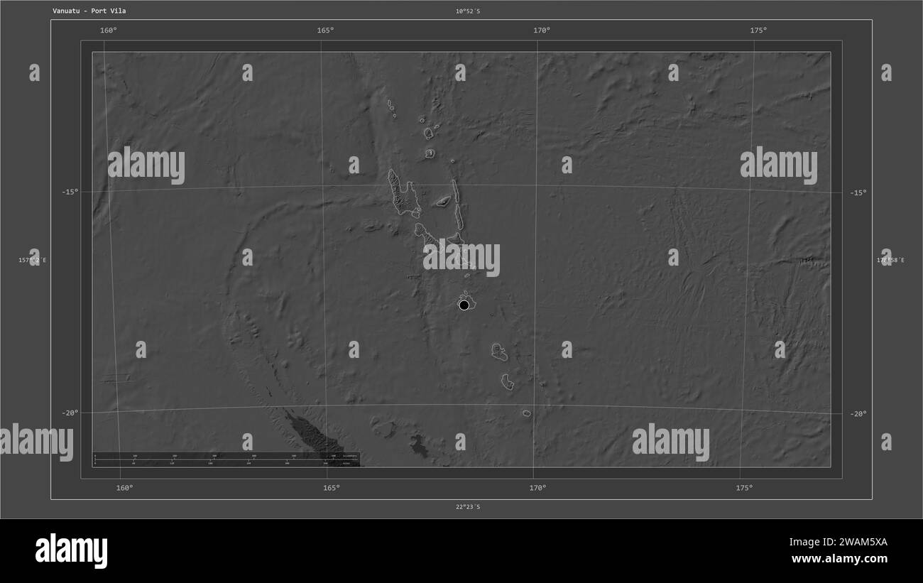 Vanuatu highlighted on a Bilevel elevation map with lakes and rivers ...