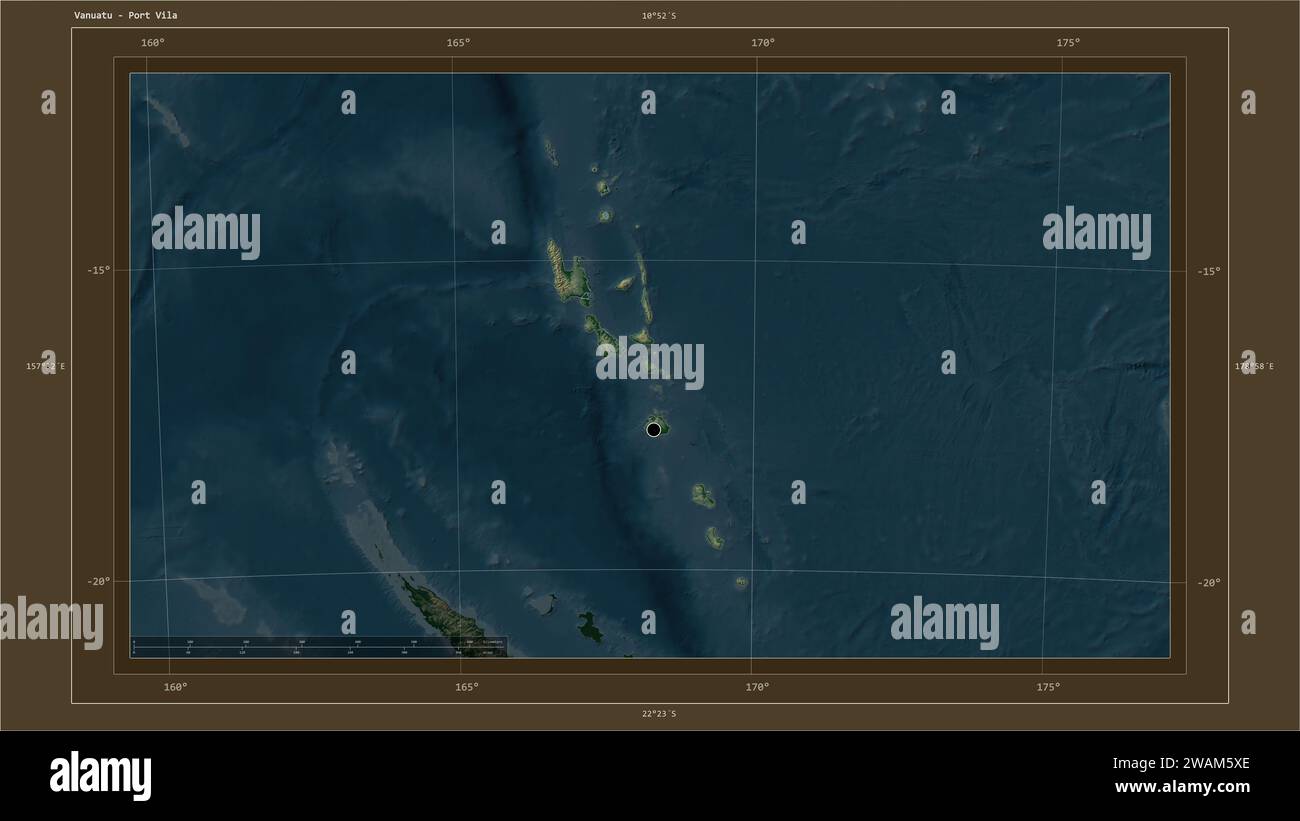 Vanuatu highlighted on a Colored elevation map with lakes and rivers ...