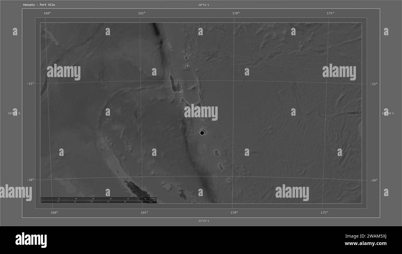 Vanuatu highlighted on a Grayscale elevation map with lakes and rivers ...