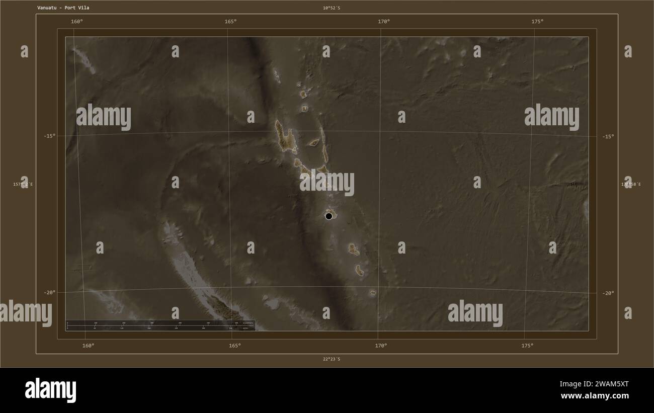 Vanuatu highlighted on a elevation map colored in sepia tones with ...