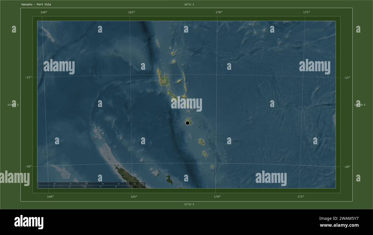 Vanuatu highlighted on a Pale colored elevation map with lakes and ...