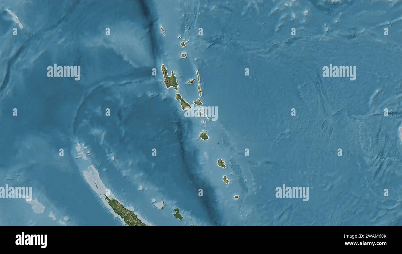 Vanuatu outlined on a Pale colored elevation map with lakes and rivers ...