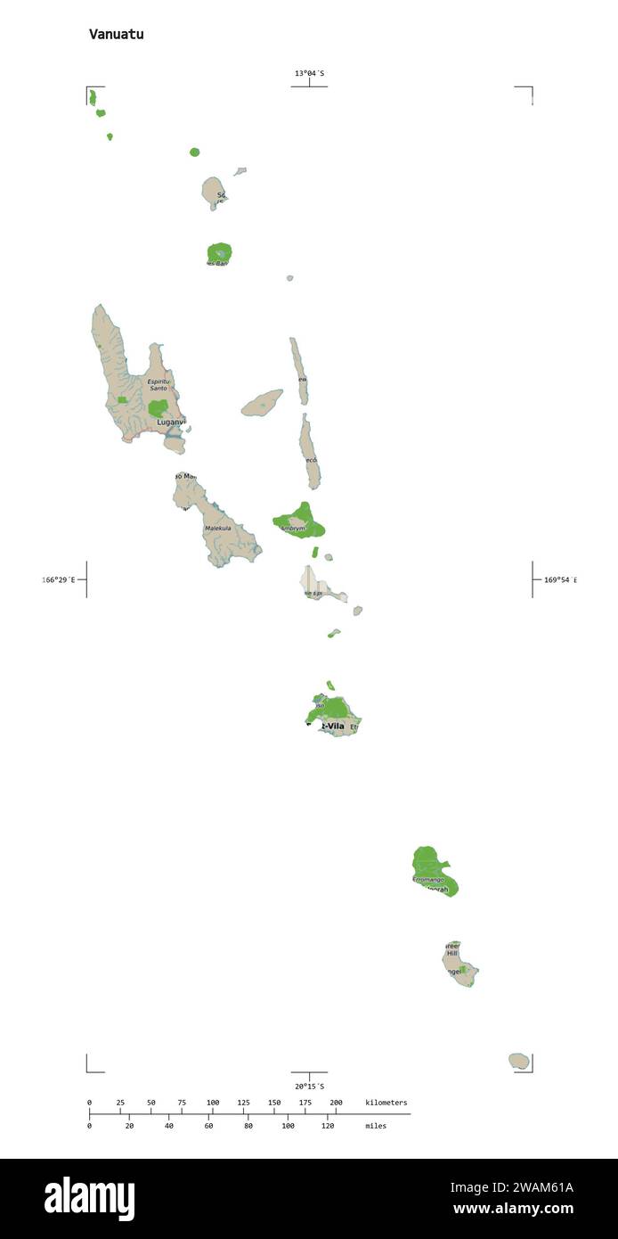 Shape of a topographic, OSM France style map of the Vanuatu, with ...