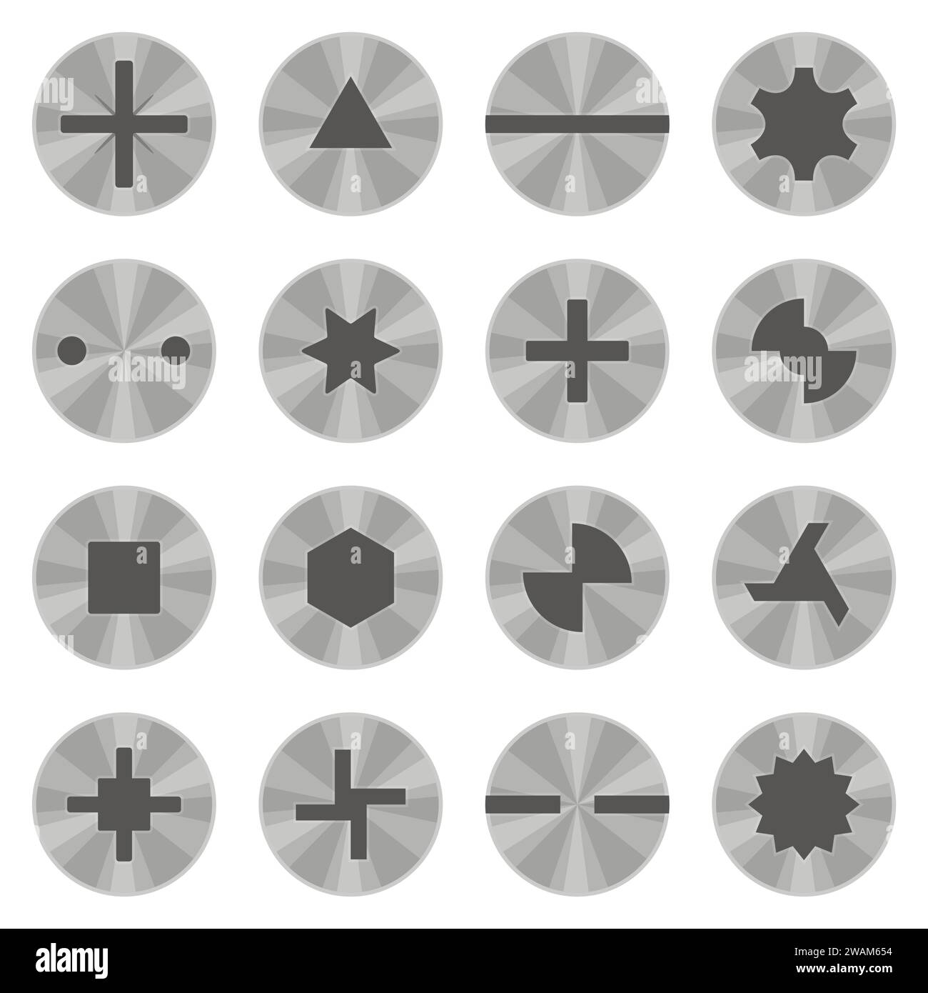 Head bolt and screw set isolated on white background. Top view metallic threaded fastener ...