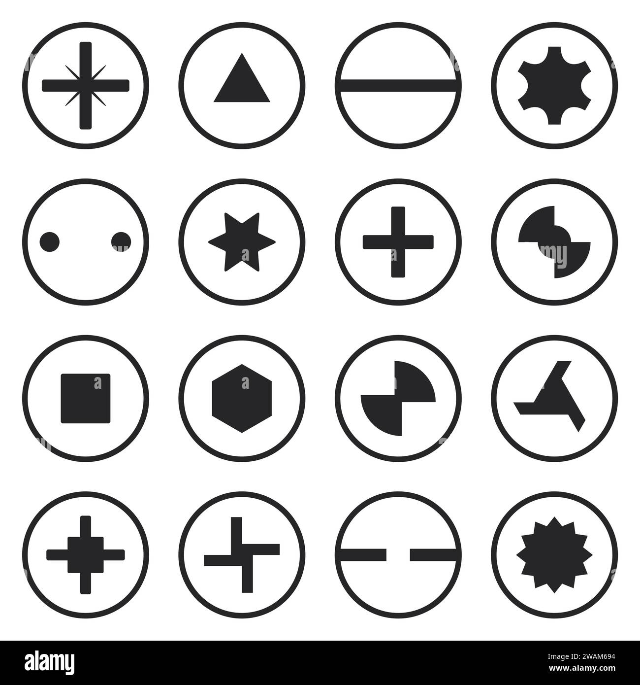 Head bolt and screw icon set isolated on white background. Top view ...