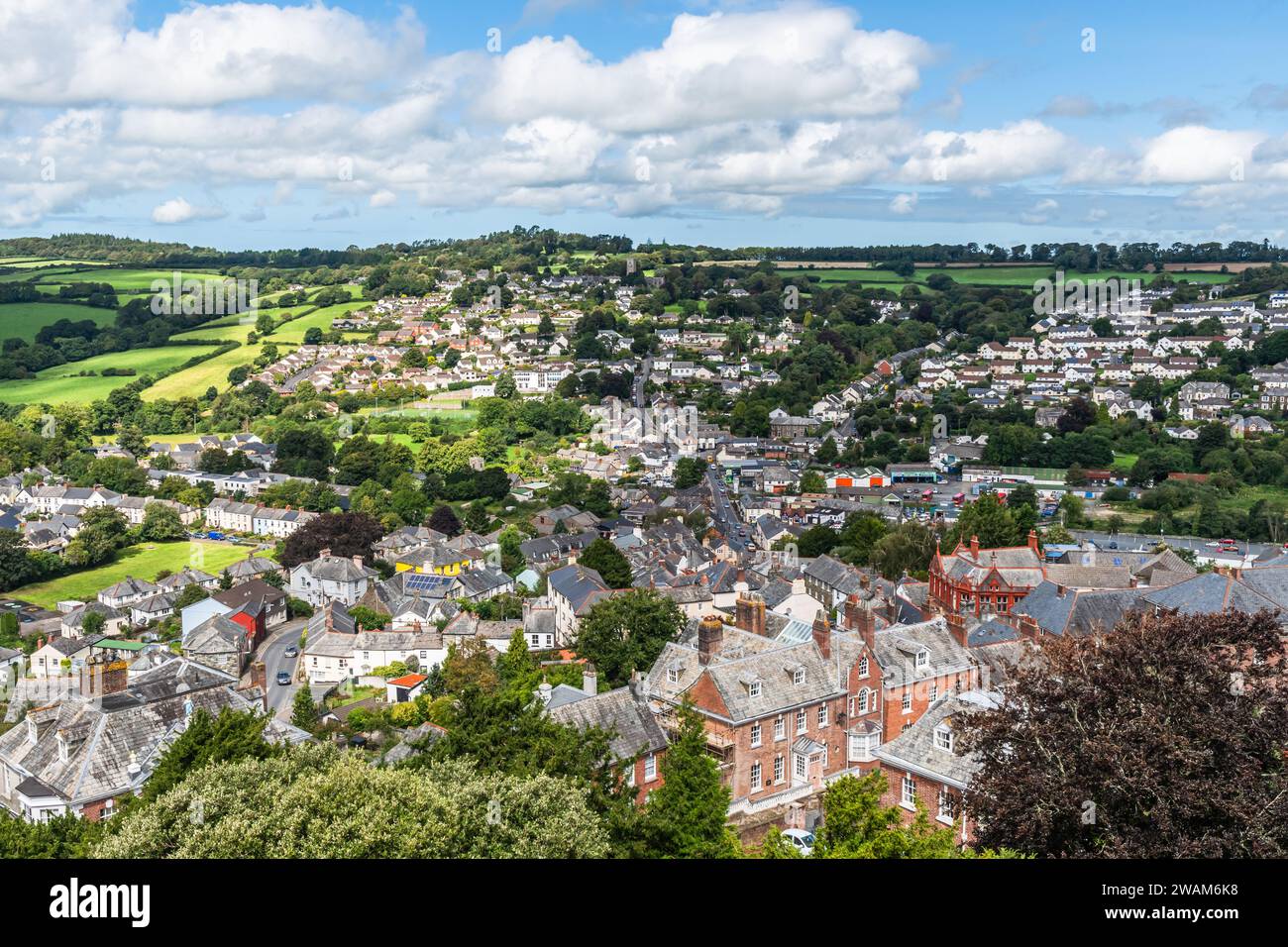 An aerial view of the town and countryside around Launceston, Cornwall ...