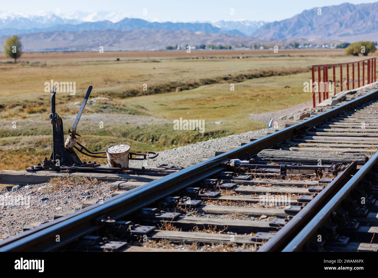 manual railroad switch with lever and counterweight at summer day Stock ...