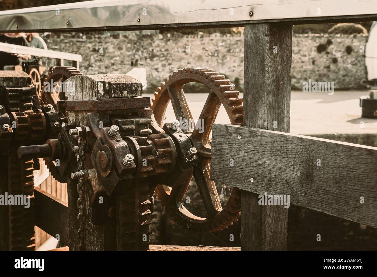 Gear construction on an old woden bridge that can be opened Stock Photo ...